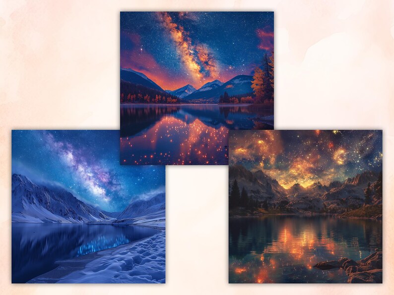 34 Starry Night Over Lake Digital Papers, Night Sky Texture Background ...