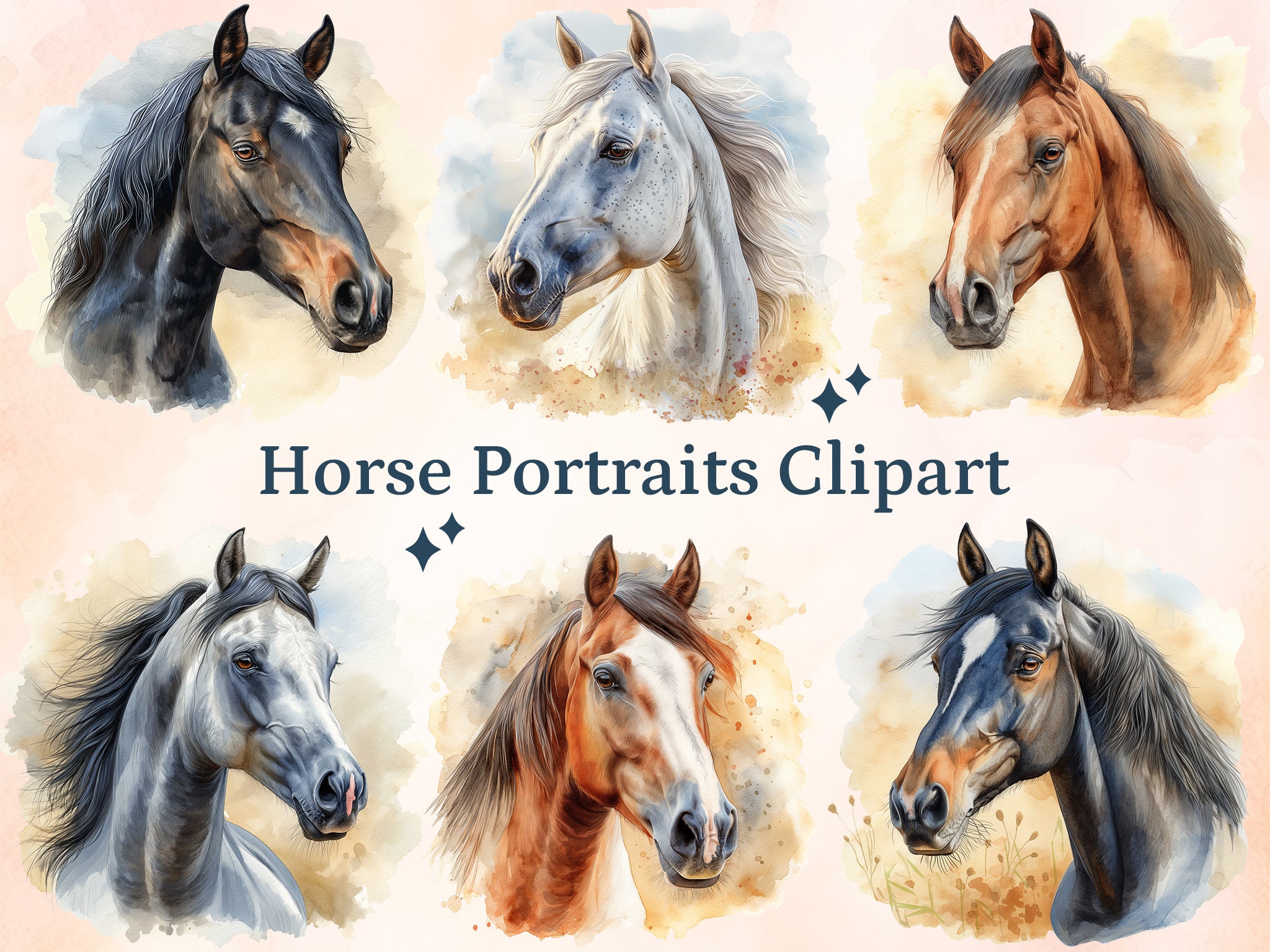 15 PNG Watercolor Horses Clipart, Horse Portrait, Horse Clipart, Horse ...