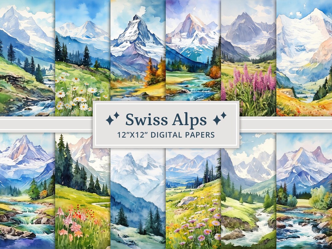 38 Watercolor Swiss Alps Digital Papers, Printable Mountain Landscapes ...