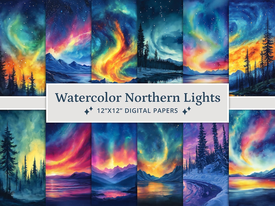 25 Watercolor Northern Lights Digital Papers, Aurora Borealis Texture ...