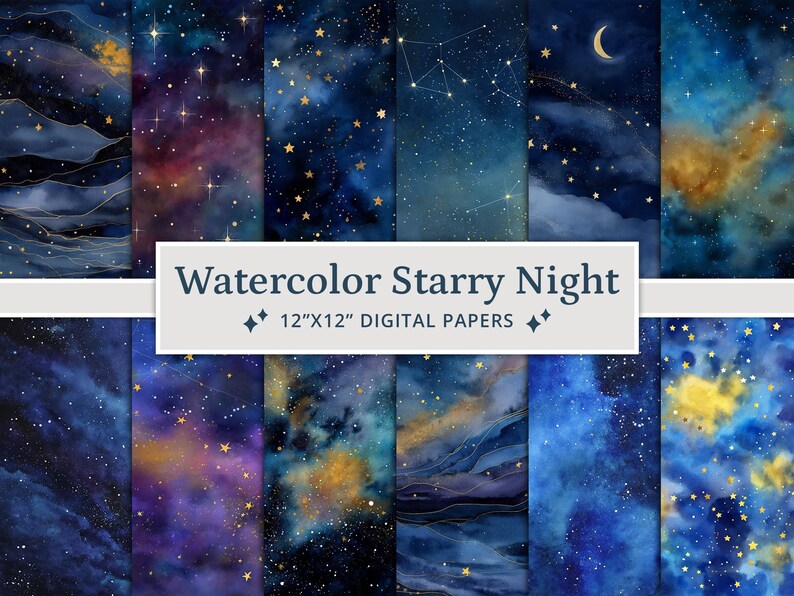 40 Watercolor Starry Night Digital Papers, Night Sky Texture Background ...