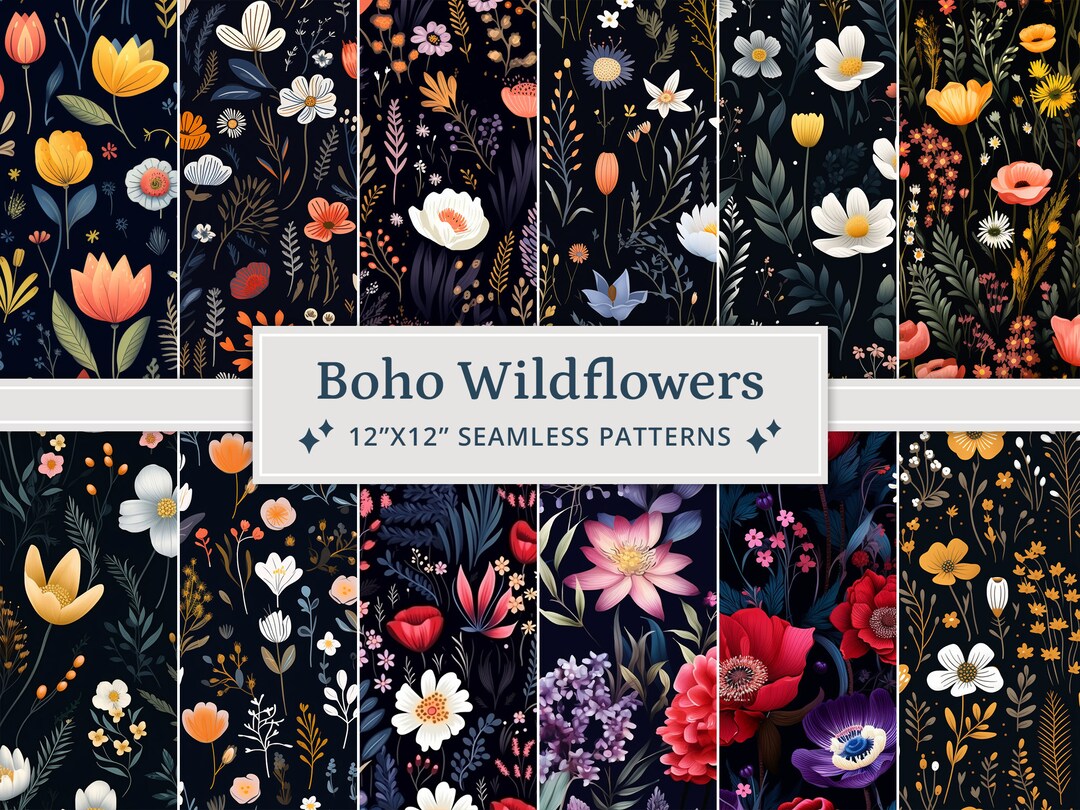30 Boho Wildflowers Seamless Digital Papers, Wildflower Seamless ...