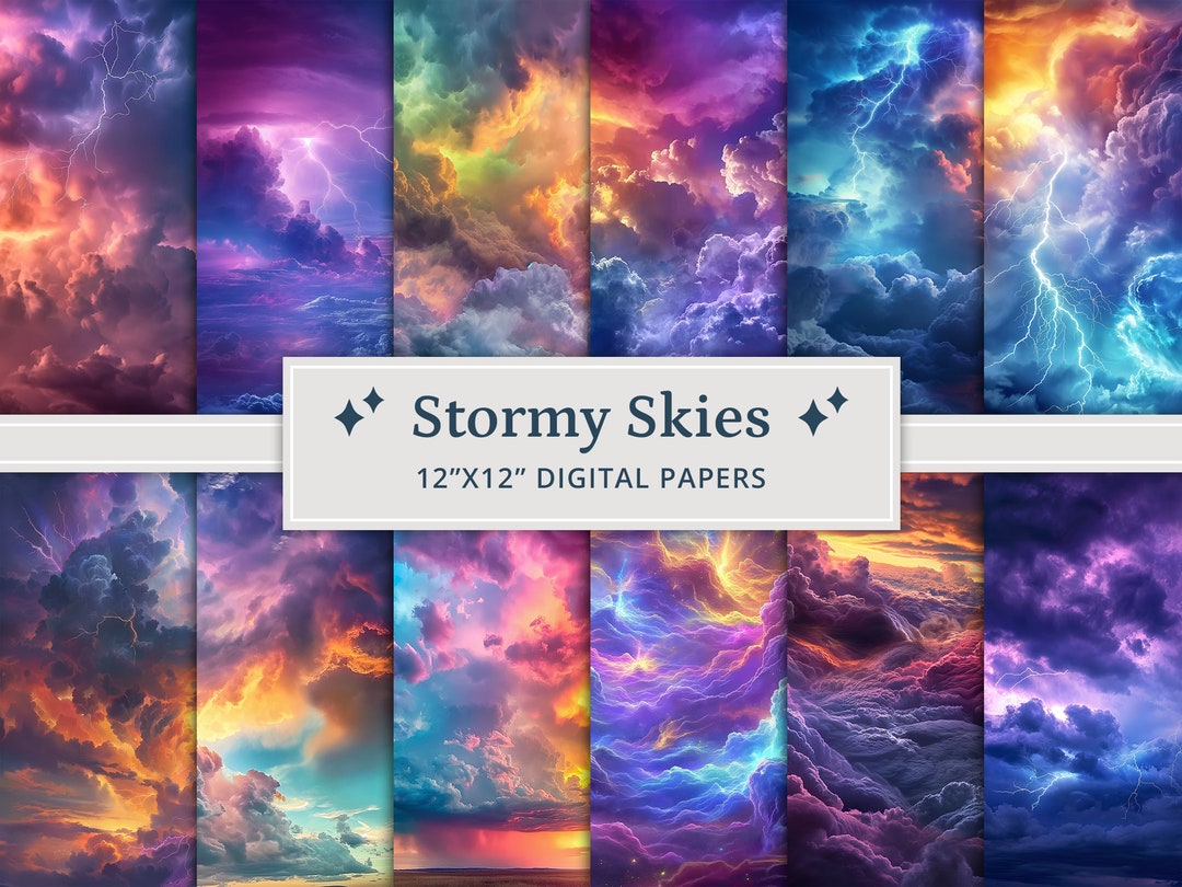 18 Stormy Skies Digital Papers, Thunderstorm Clouds Backgrounds, Cloudy ...