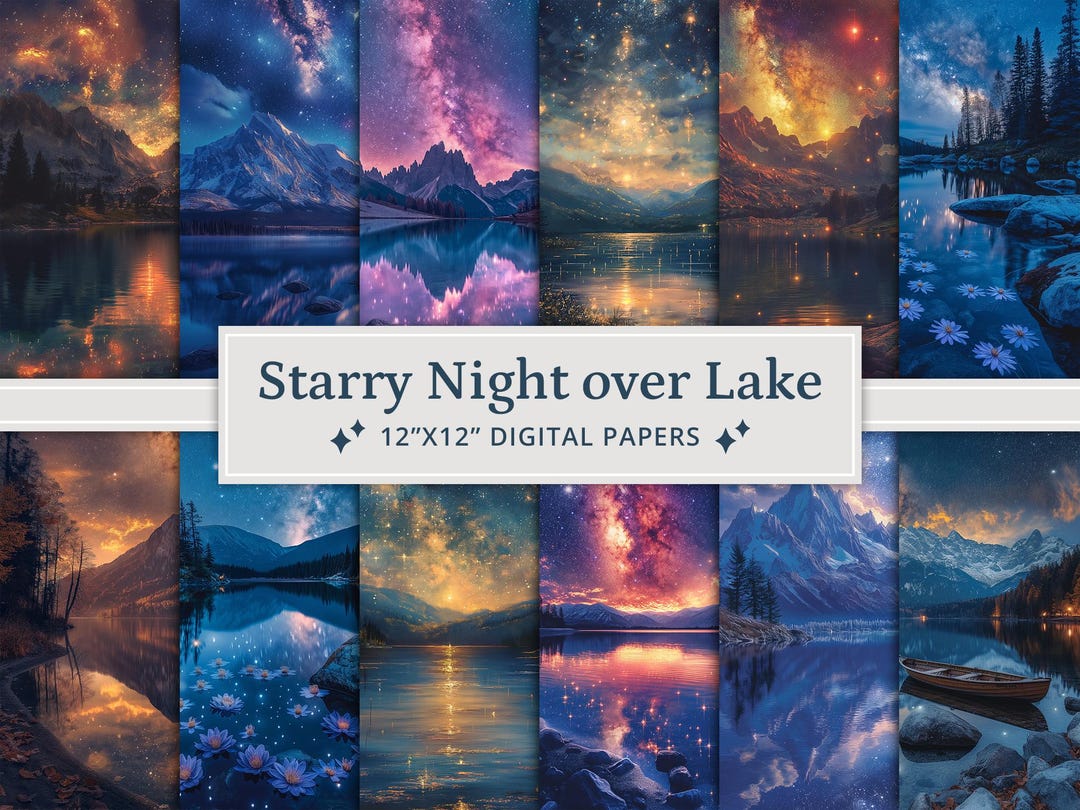 34 Starry Night Over Lake Digital Papers, Night Sky Texture Background ...