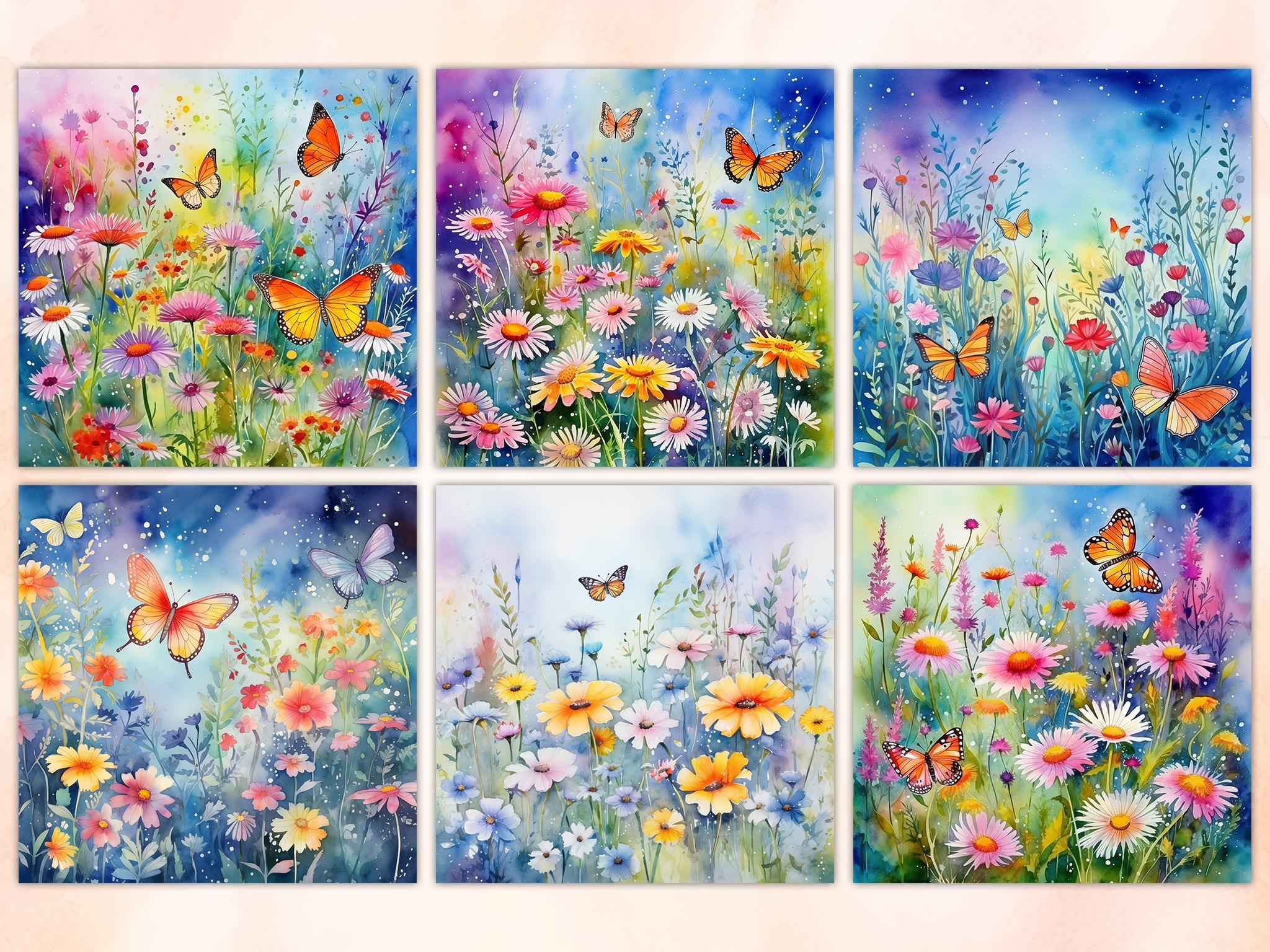 40 Watercolor Wildflowers and Butterflies Digital Papers, Floral ...