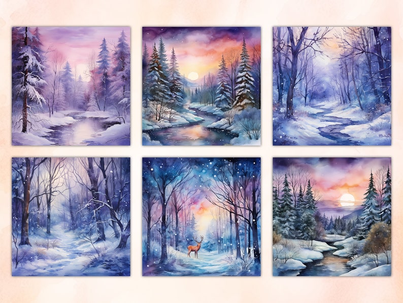 38 Watercolor Magical Winter Forest Digital Papers, Winter Woodland ...