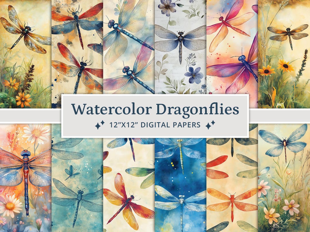 37 Watercolor Dragonfly Digital Papers, Dragonflies, Spring, Nature ...