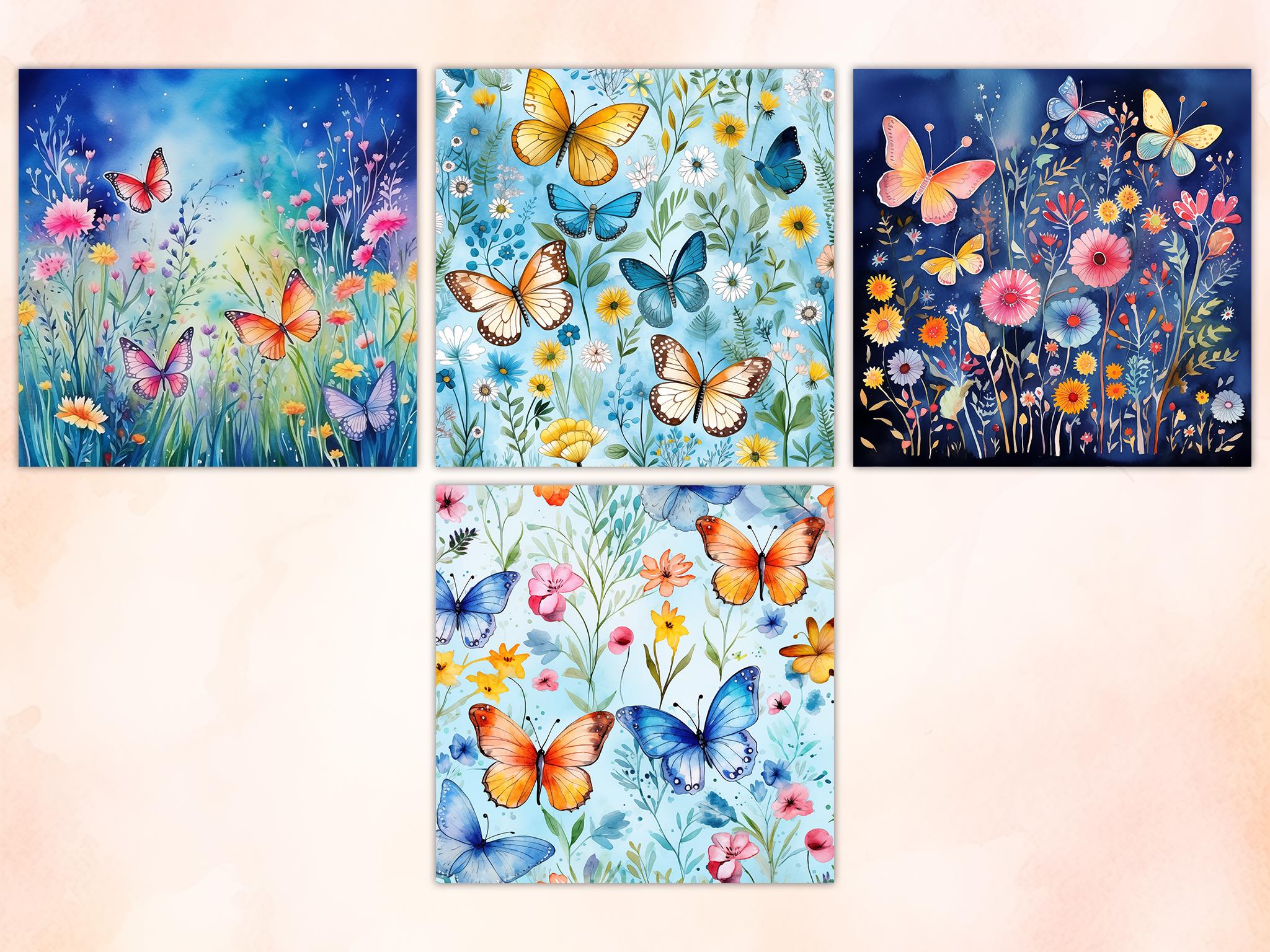 40 Watercolor Wildflowers and Butterflies Digital Papers, Floral ...
