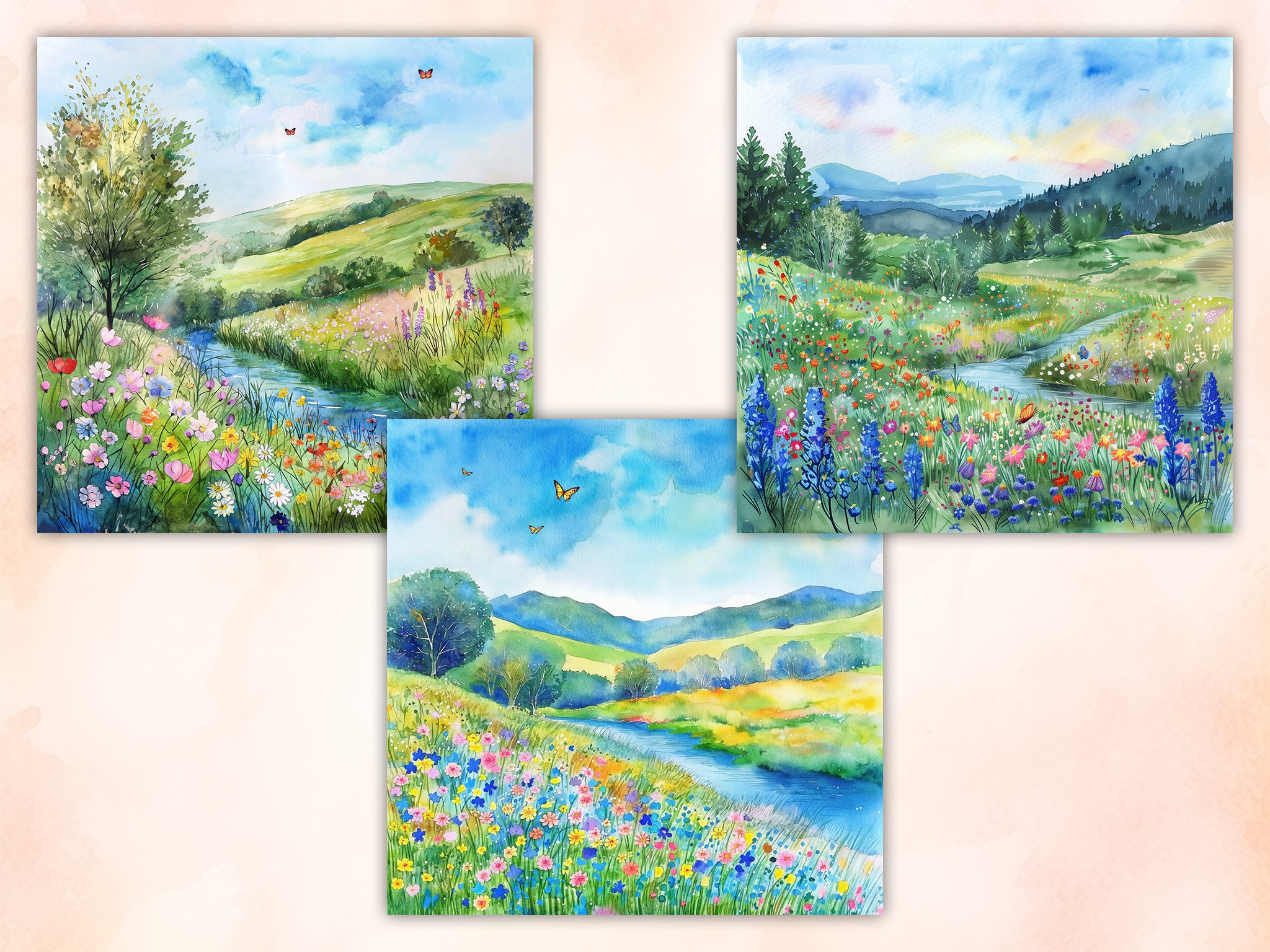 26 Watercolor Wildflower Fields Digital Papers, Wildflower Digital ...