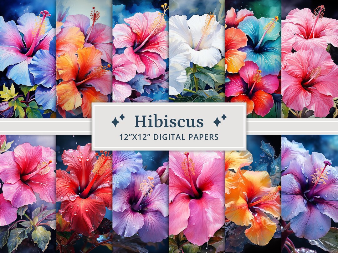 34 Watercolor Hibiscus Digital Paper, Floral Digital Paper, Floral ...