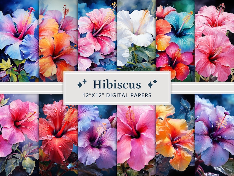 34 Watercolor Hibiscus Digital Paper, Floral Digital Paper, Floral ...