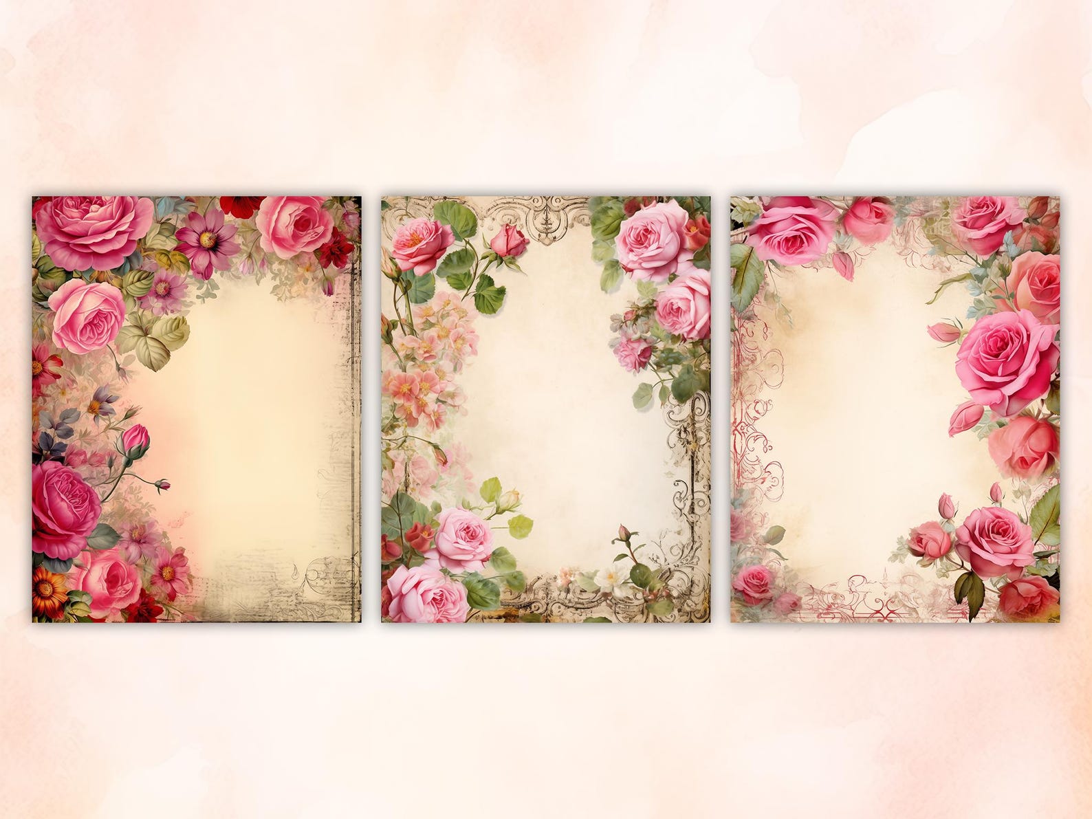 27 Shabby Chic Pink Roses Junk Journal Paper Pack, Vintage Shabby Chic ...