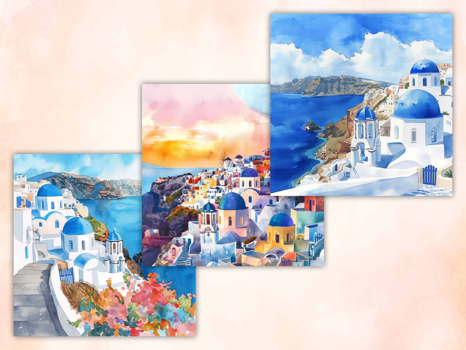 21 Watercolor Santorini Digital Papers, Santorini Greece, Printable ...