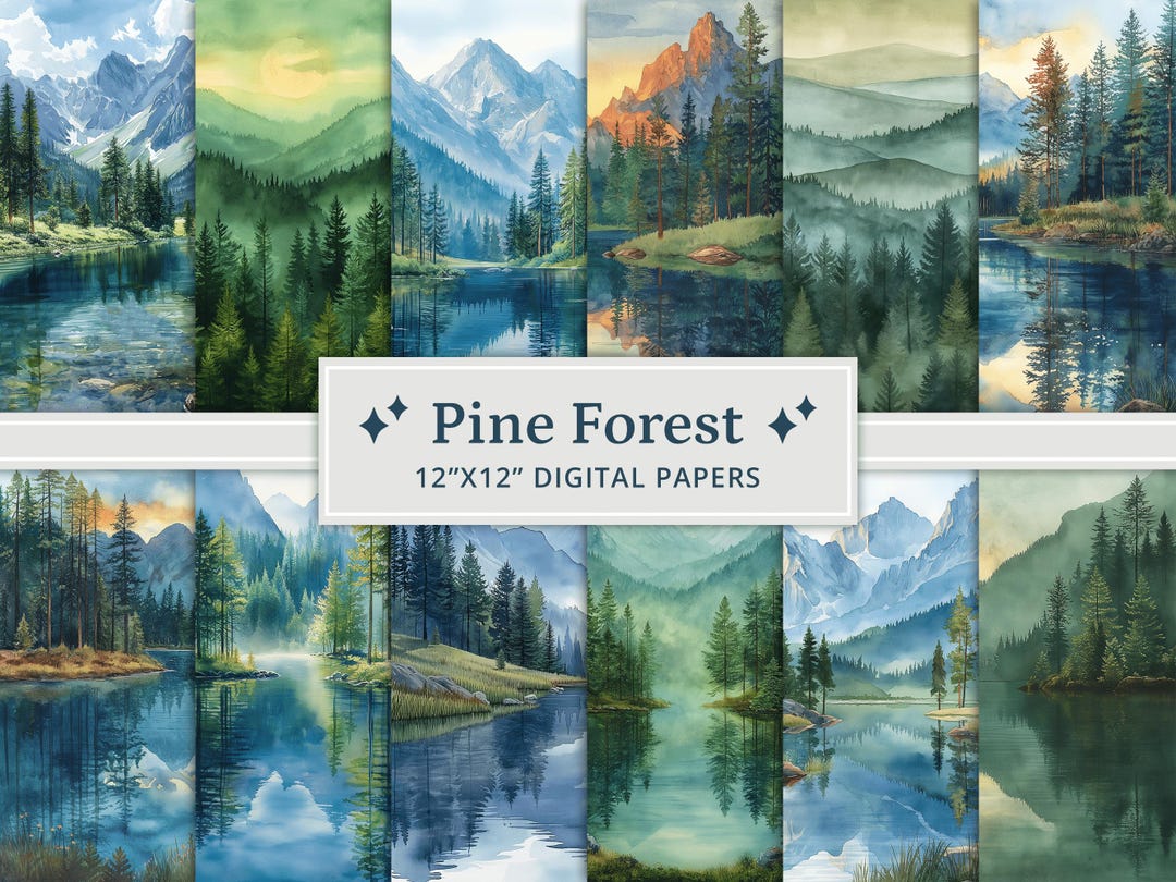 35 Watercolor Pine Forest Digital Papers, Printable Forest Landscapes ...