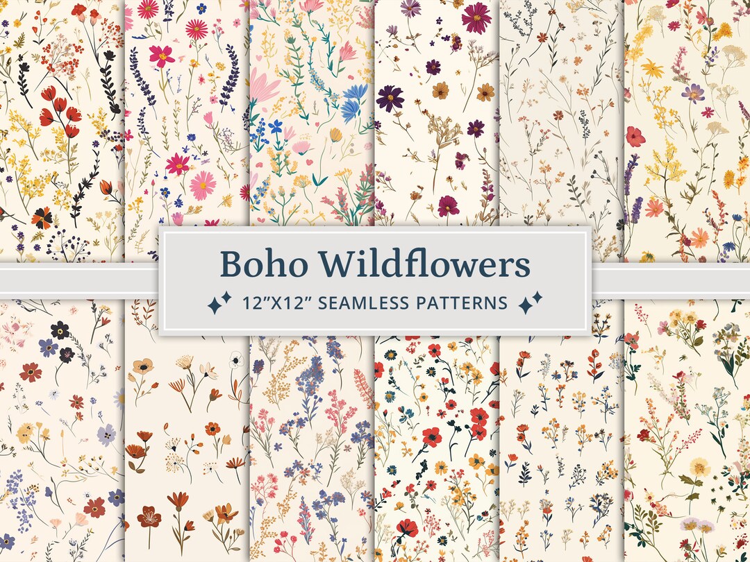 20 Boho Wildflowers Seamless Digital Papers, Wildflower Seamless ...