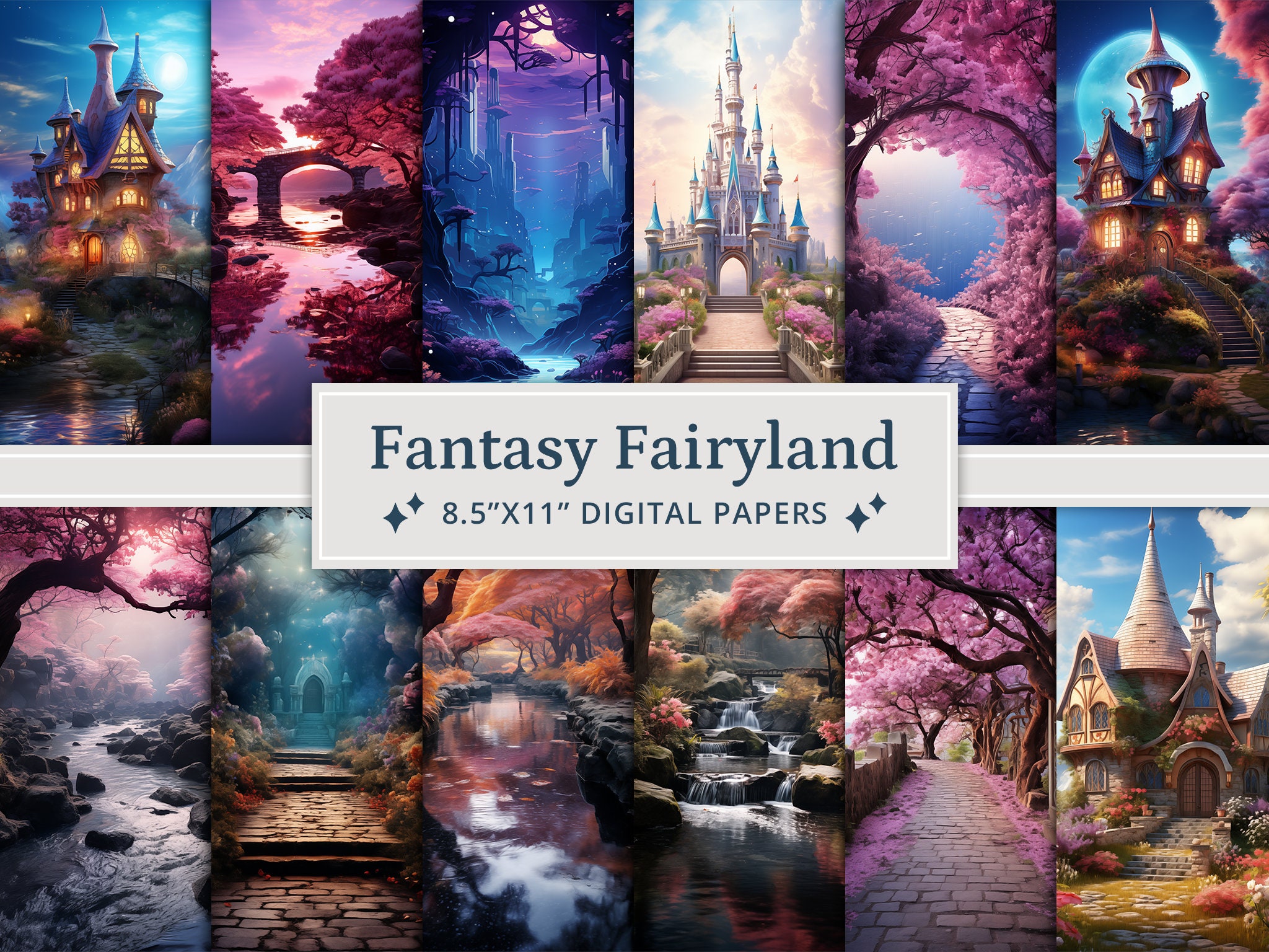 18 Fantasy Fairyland Digital Papers, Fairy Background, Enchanted Forest ...