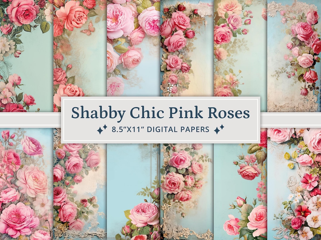 40 Shabby Chic Pink Roses Junk Journal Paper Pack, Vintage Shabby Chic ...