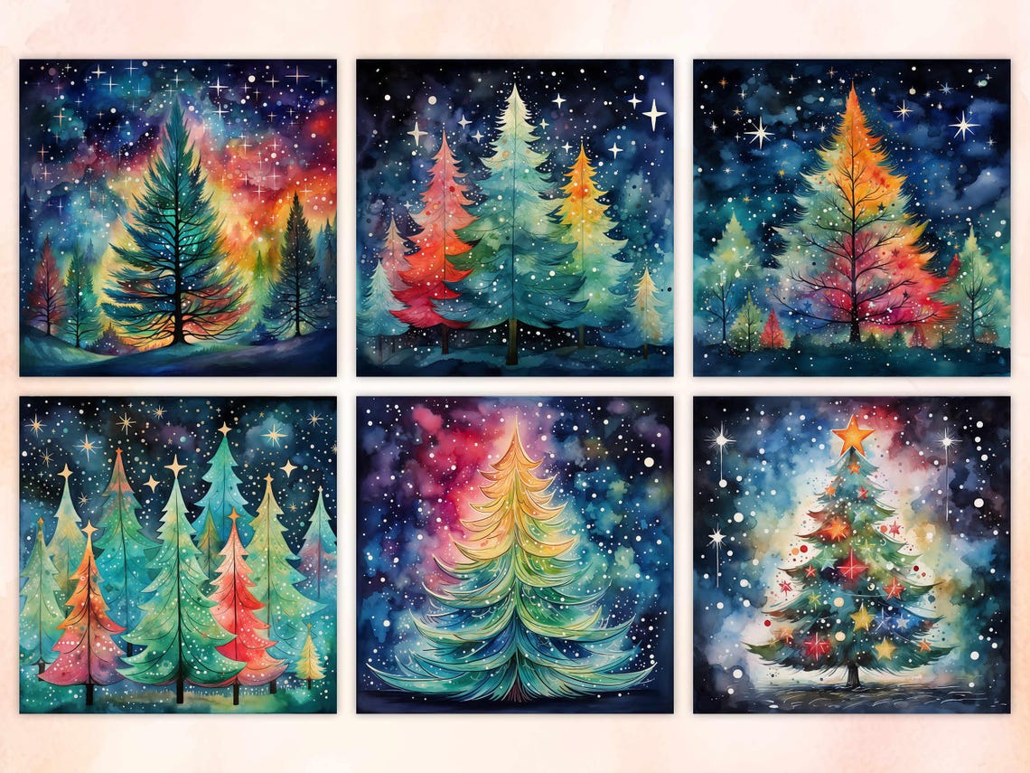 36 Watercolor Whimsical Christmas Tree Digital Papers, Christmas Tree ...