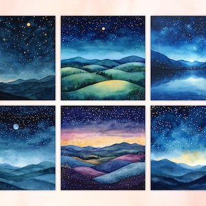25 Watercolor Starry Night Digital Papers, Night Sky Texture Background ...