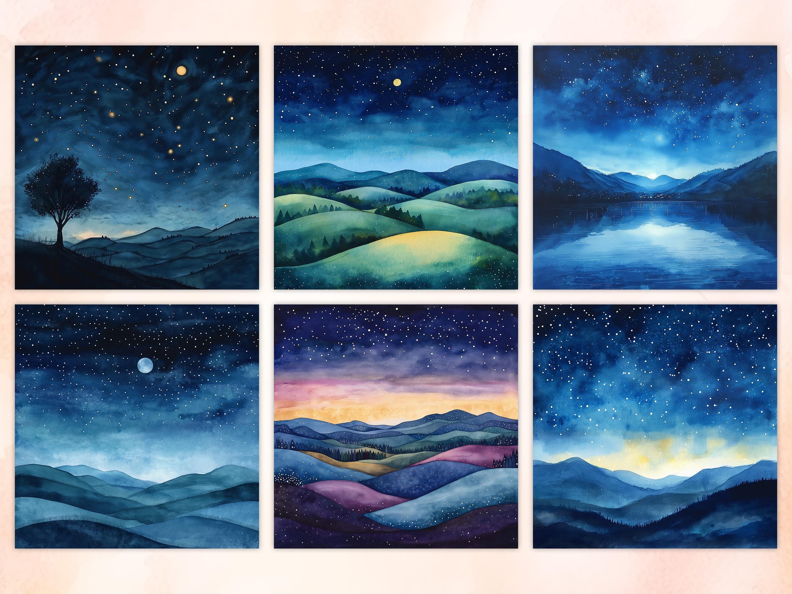 25 Watercolor Starry Night Digital Papers, Night Sky Texture Background ...