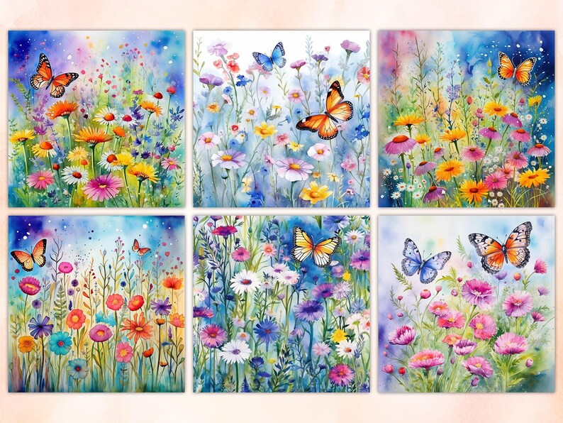 40 Watercolor Wildflowers and Butterflies Digital Papers, Floral ...
