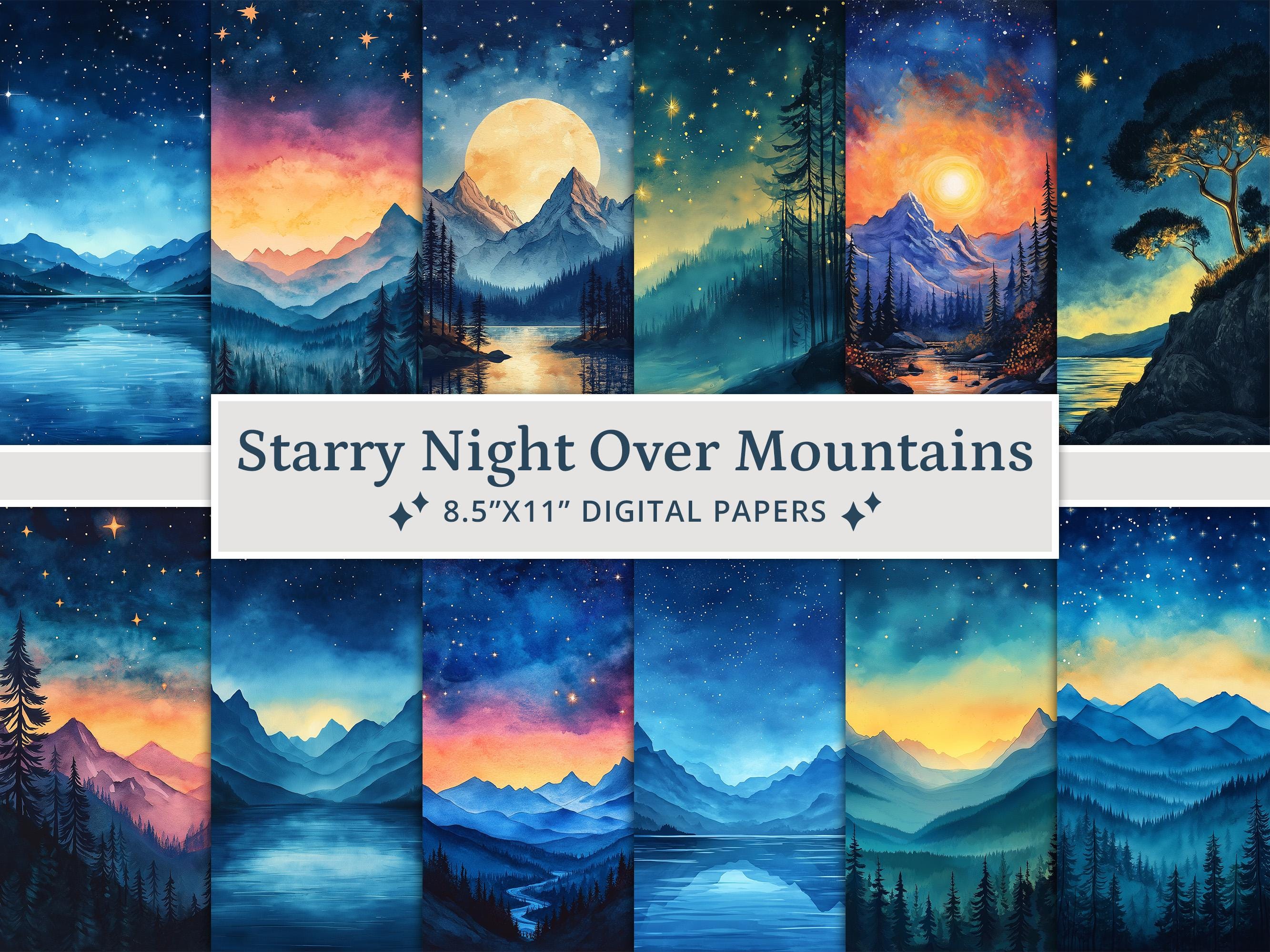 50 Watercolor Starry Night Over Mountains Digital Papers, Night Sky ...