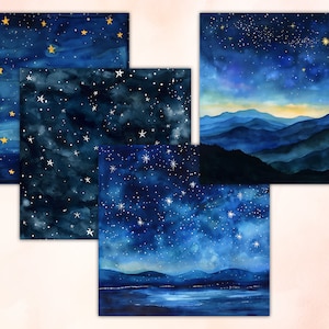 35 Watercolor Starry Night Digital Papers, Night Sky Texture Background ...