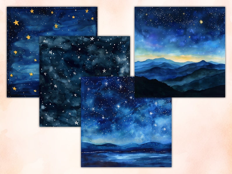 35 Watercolor Starry Night Digital Papers, Night Sky Texture Background ...