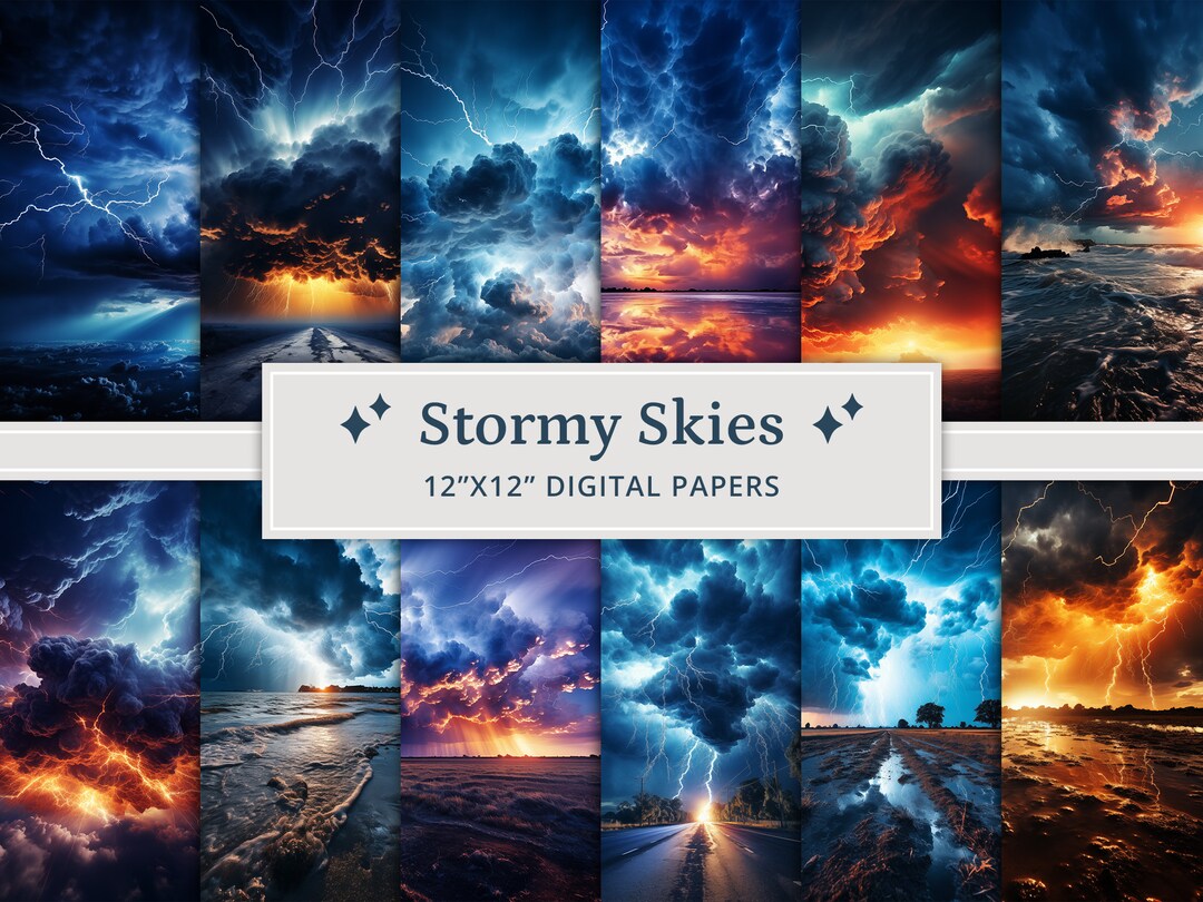 17 Stormy Skies Digital Papers, Thunderstorm Clouds Backgrounds, Cloudy ...