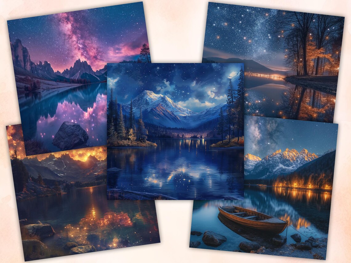 34 Starry Night Over Lake Digital Papers, Night Sky Texture Background ...