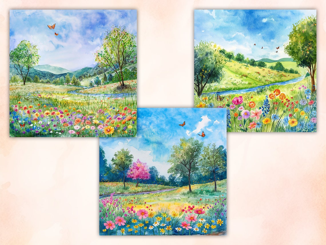 26 Watercolor Wildflower Fields Digital Papers, Wildflower Digital ...