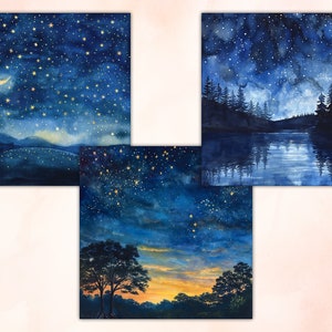 35 Watercolor Starry Night Digital Papers, Night Sky Texture Background ...
