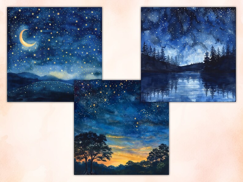35 Watercolor Starry Night Digital Papers, Night Sky Texture Background ...