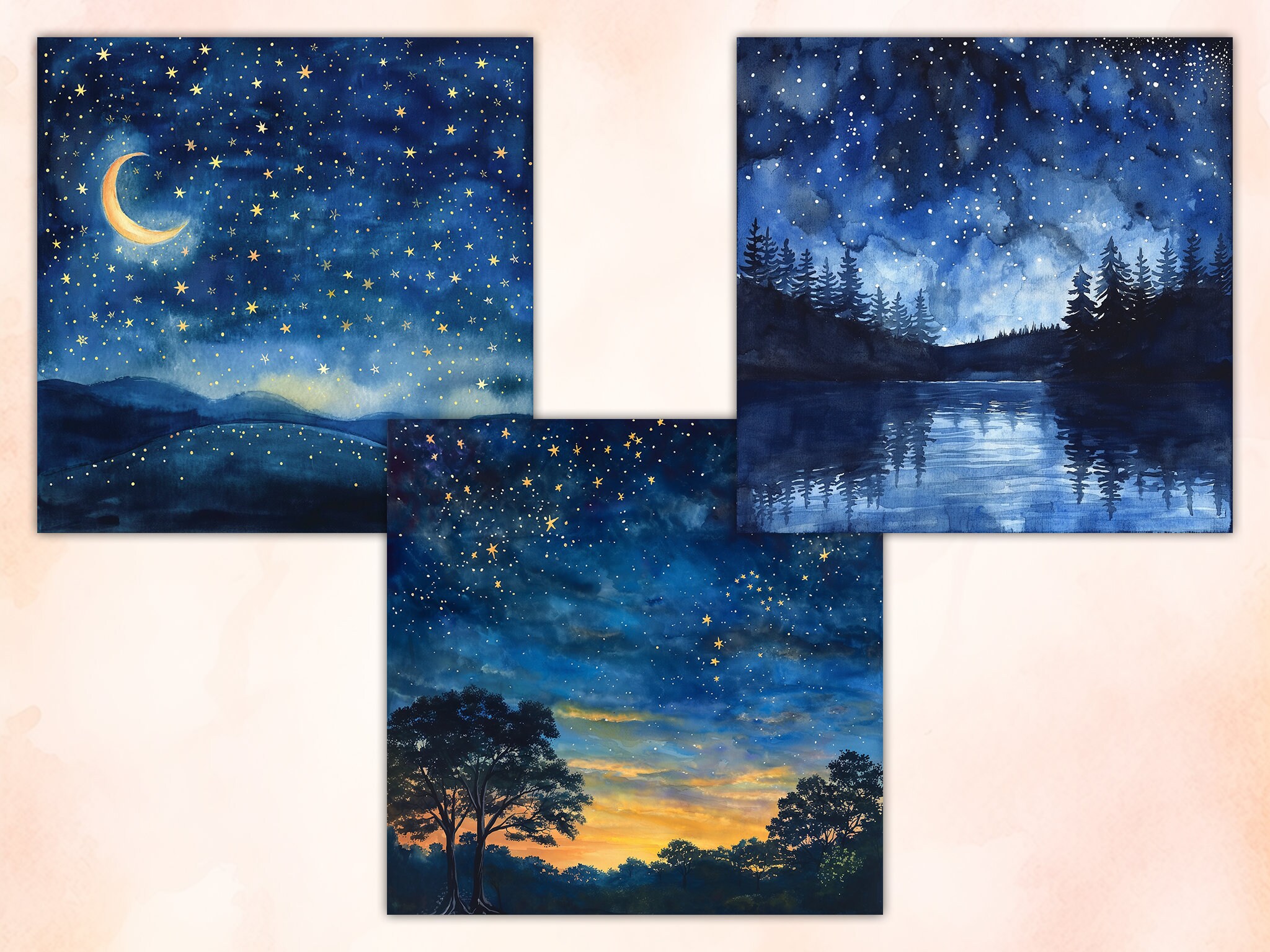 35 Watercolor Starry Night Digital Papers, Night Sky Texture Background ...
