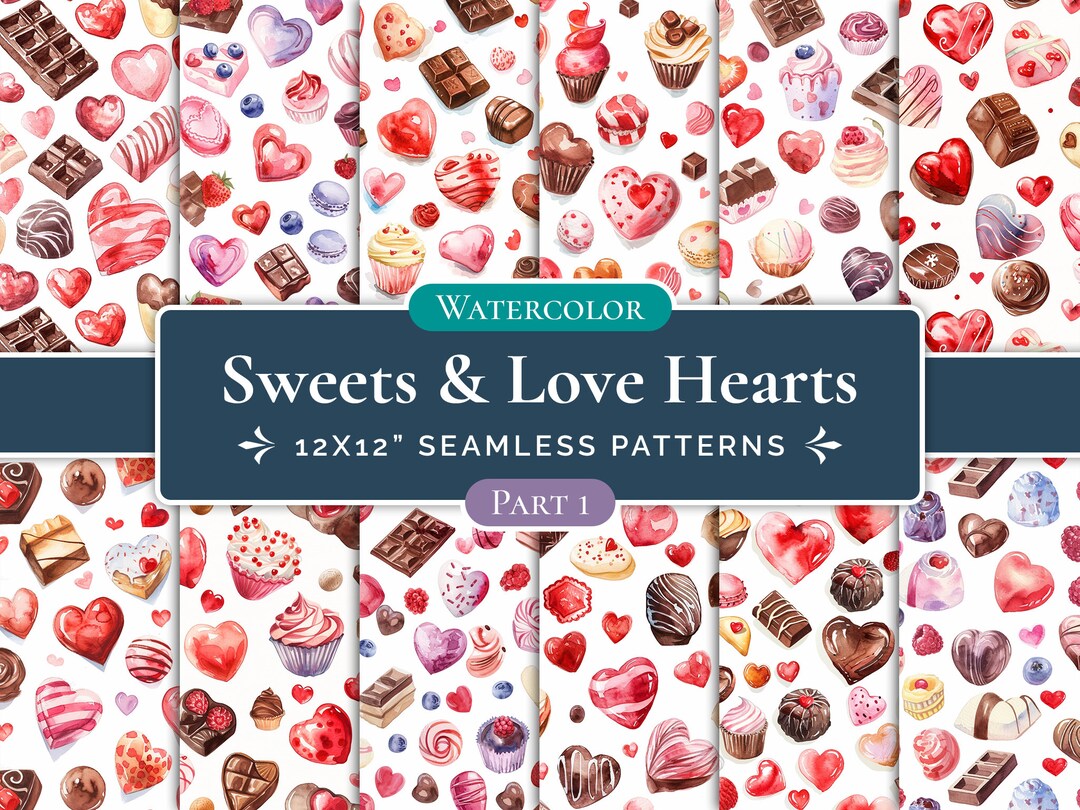 26 Watercolor Sweets and Love Hearts Seamless Patterns, Romantic ...