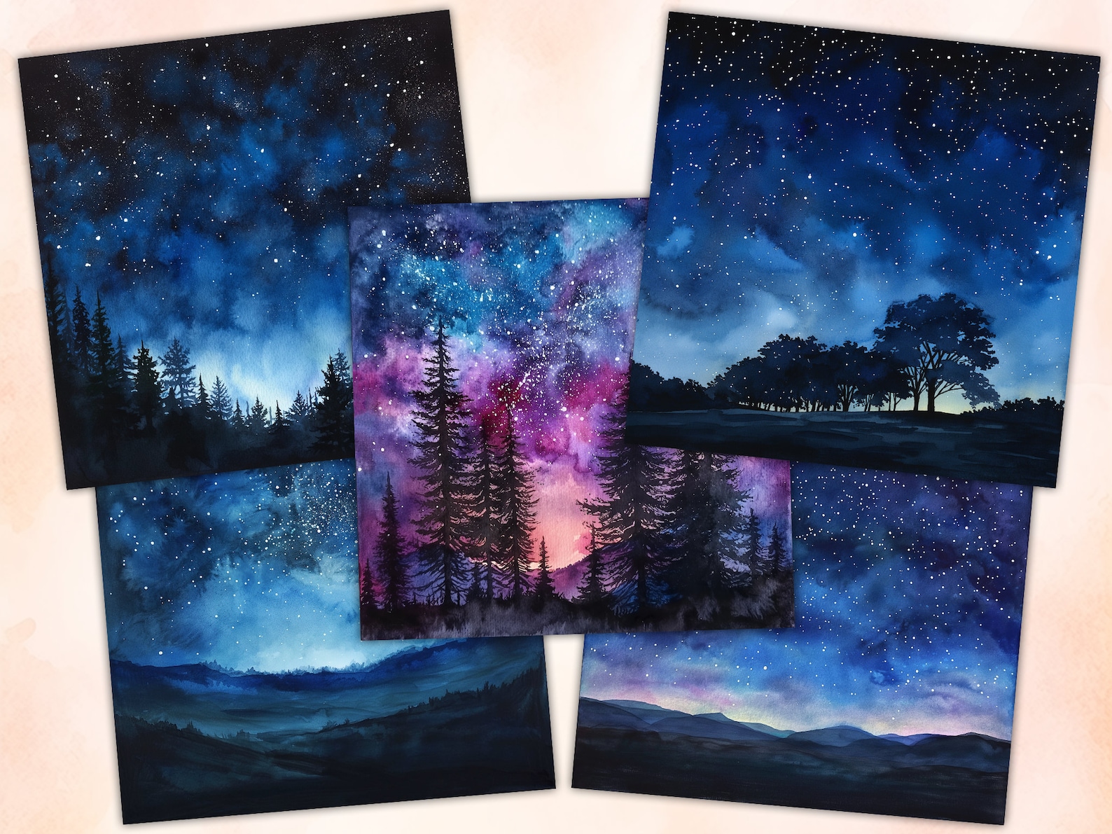 35 Watercolor Starry Night Digital Papers, Night Sky Texture Background ...