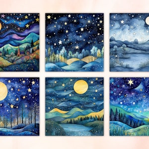 18 Watercolor Whimsical Starry Night Digital Papers, Night Sky Texture ...