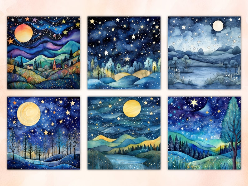 18 Watercolor Whimsical Starry Night Digital Papers, Night Sky Texture ...