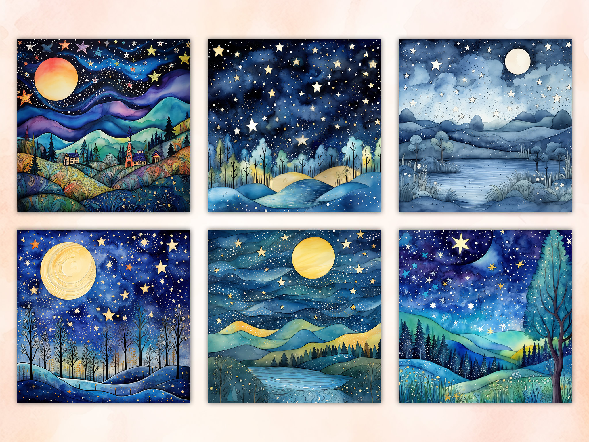 18 Watercolor Whimsical Starry Night Digital Papers, Night Sky Texture ...