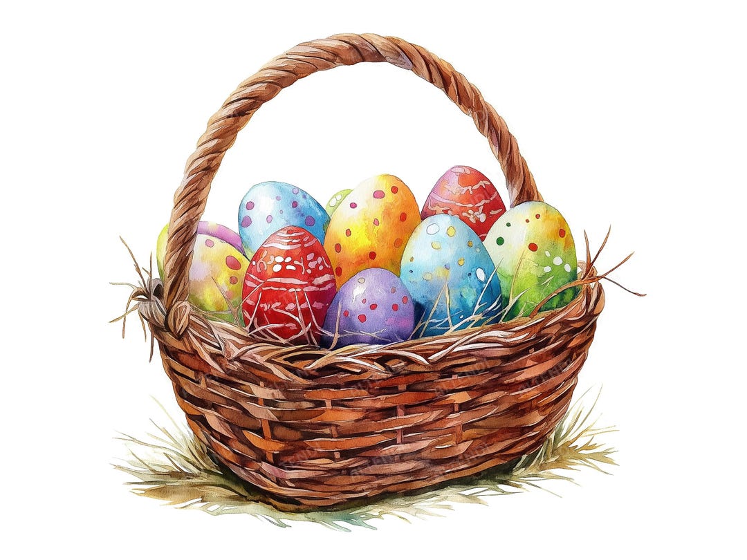 18 PNG Watercolor Easter Baskets Clipart, Easter Eggs Clipart, Hand ...