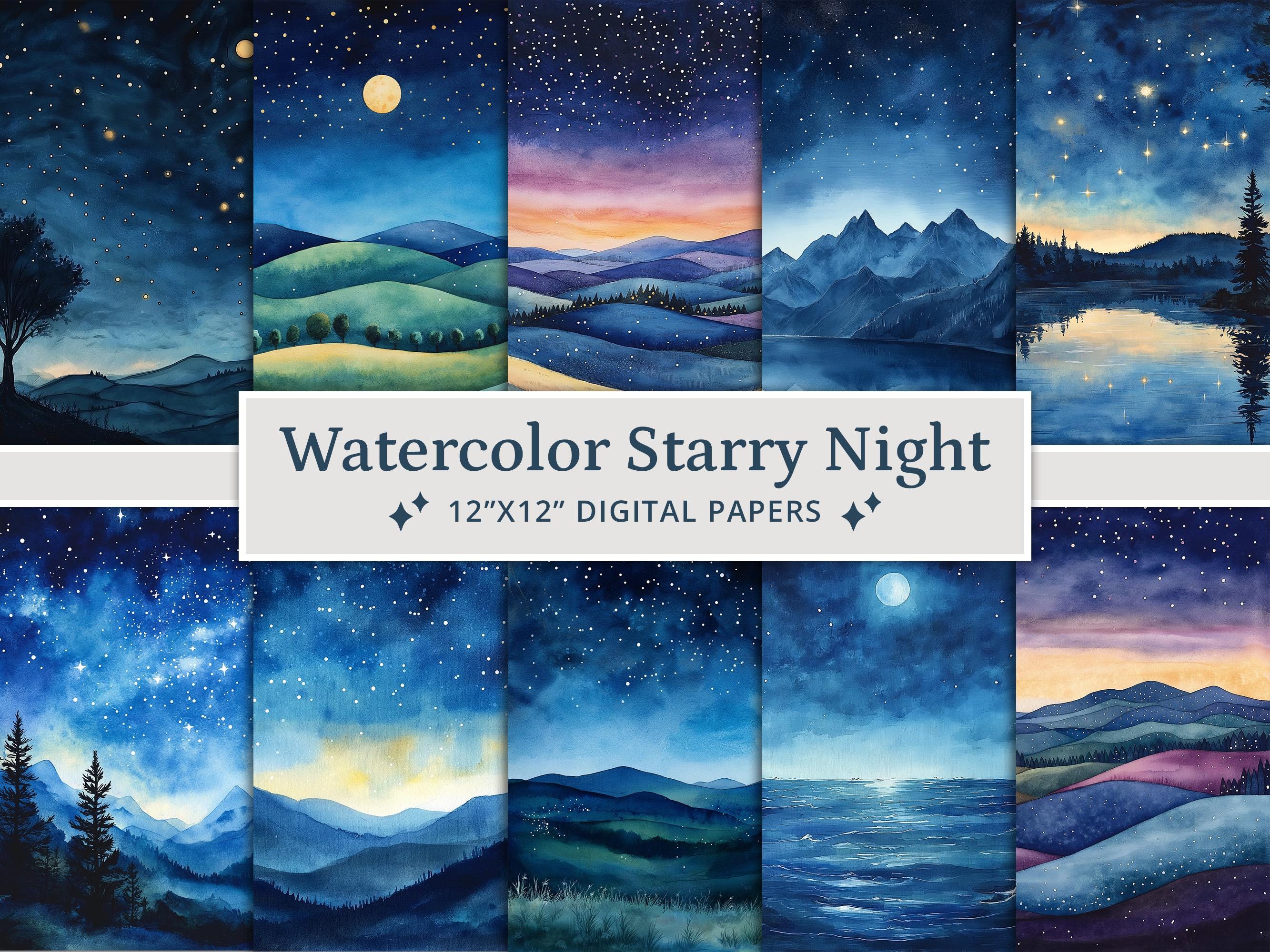 25 Watercolor Starry Night Digital Papers, Night Sky Texture Background ...