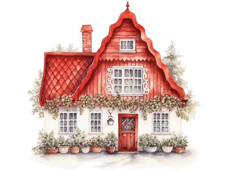 20 Watercolor Whimsical Scandinavian Cottages Clipart, Red Scandinavian ...