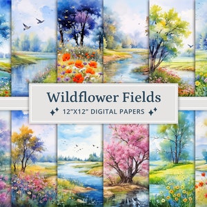 18 Watercolor Wildflower Fields Digital Papers, Wildflower Digital ...