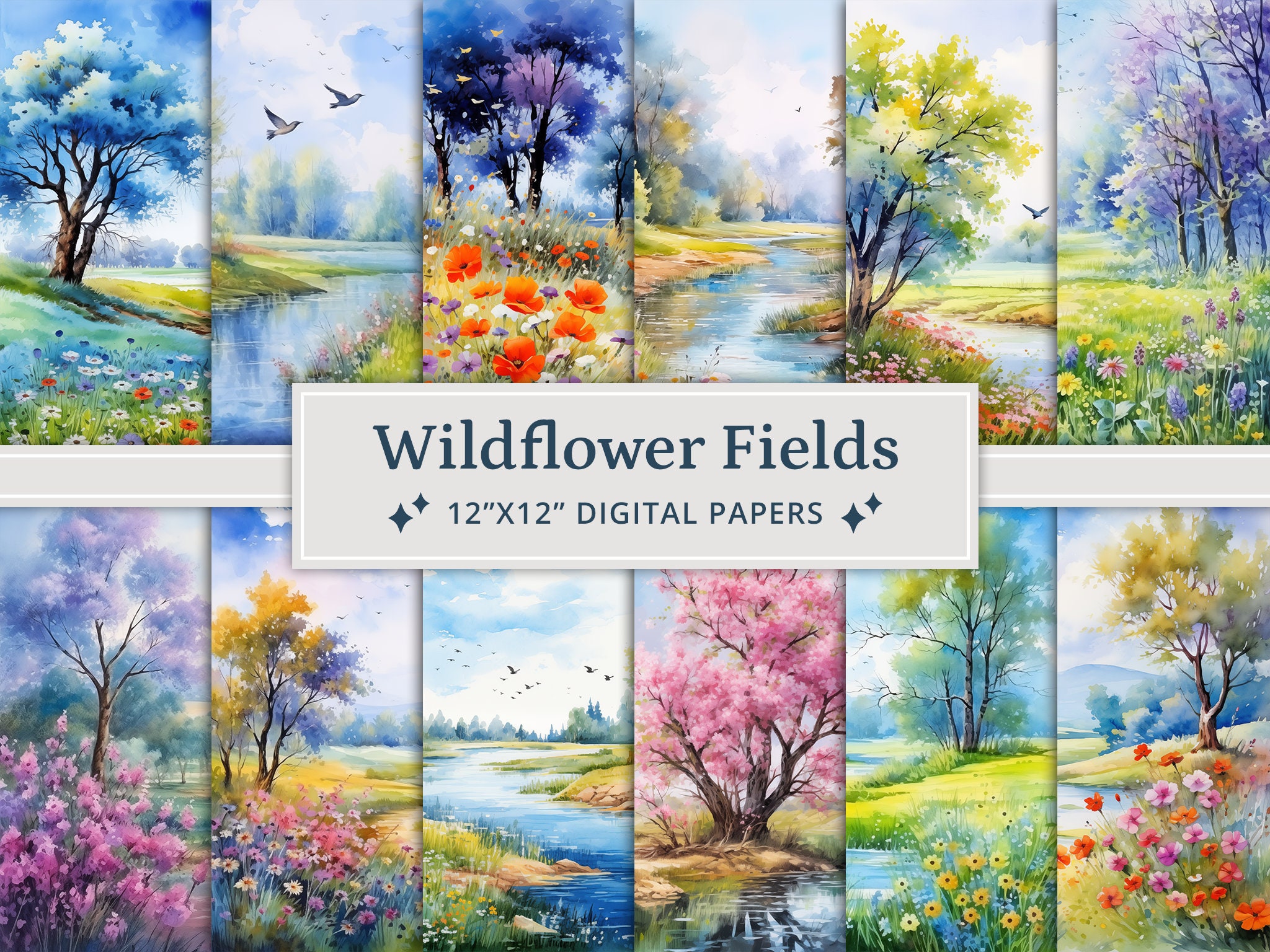 18 Watercolor Wildflower Fields Digital Papers, Wildflower Digital ...