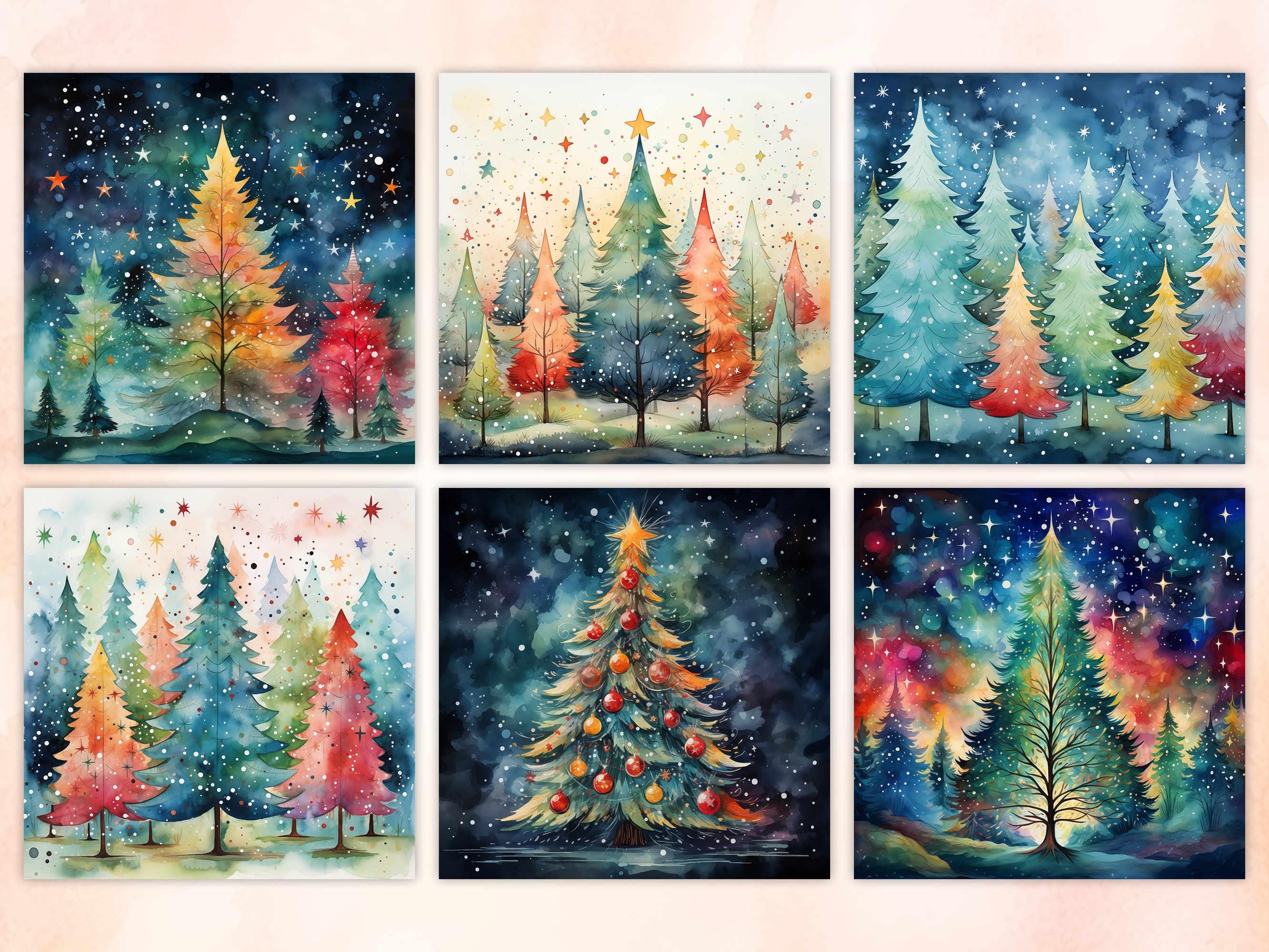 36 Watercolor Whimsical Christmas Tree Digital Papers, Christmas Tree ...
