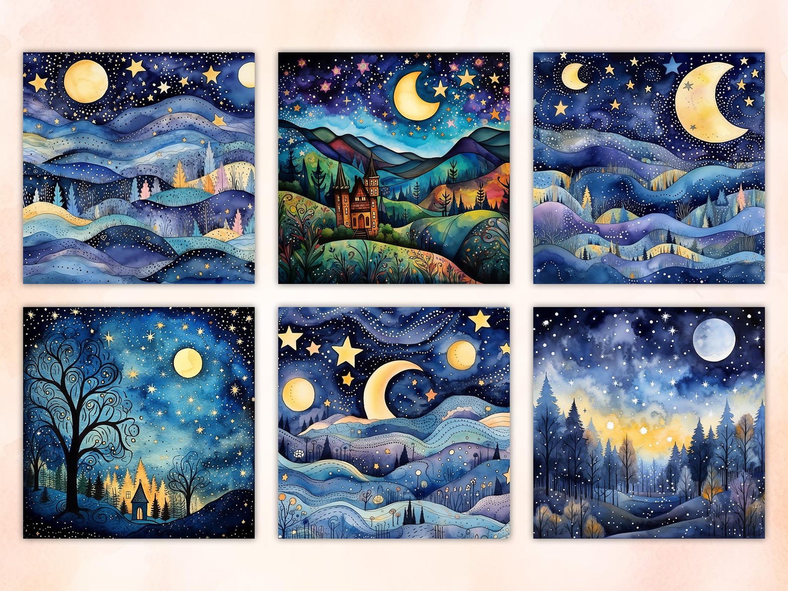 18 Watercolor Whimsical Starry Night Digital Papers, Night Sky Texture ...