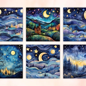 18 Watercolor Whimsical Starry Night Digital Papers, Night Sky Texture ...