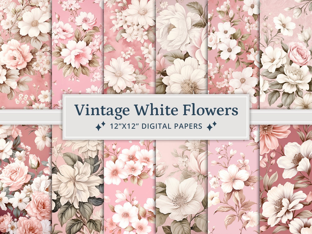 33 Vintage White Flowers Digital Paper, Shabby Chic Floral Digital ...