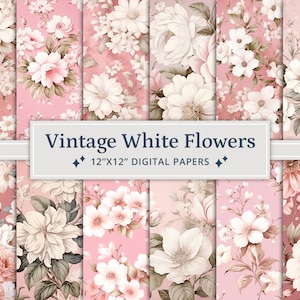 33 Vintage White Flowers Digital Paper, Shabby Chic Floral Digital ...