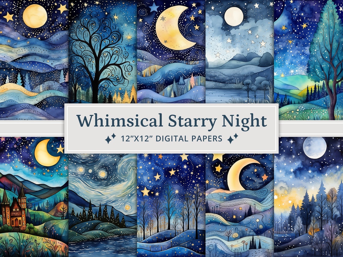 18 Watercolor Whimsical Starry Night Digital Papers, Night Sky Texture ...